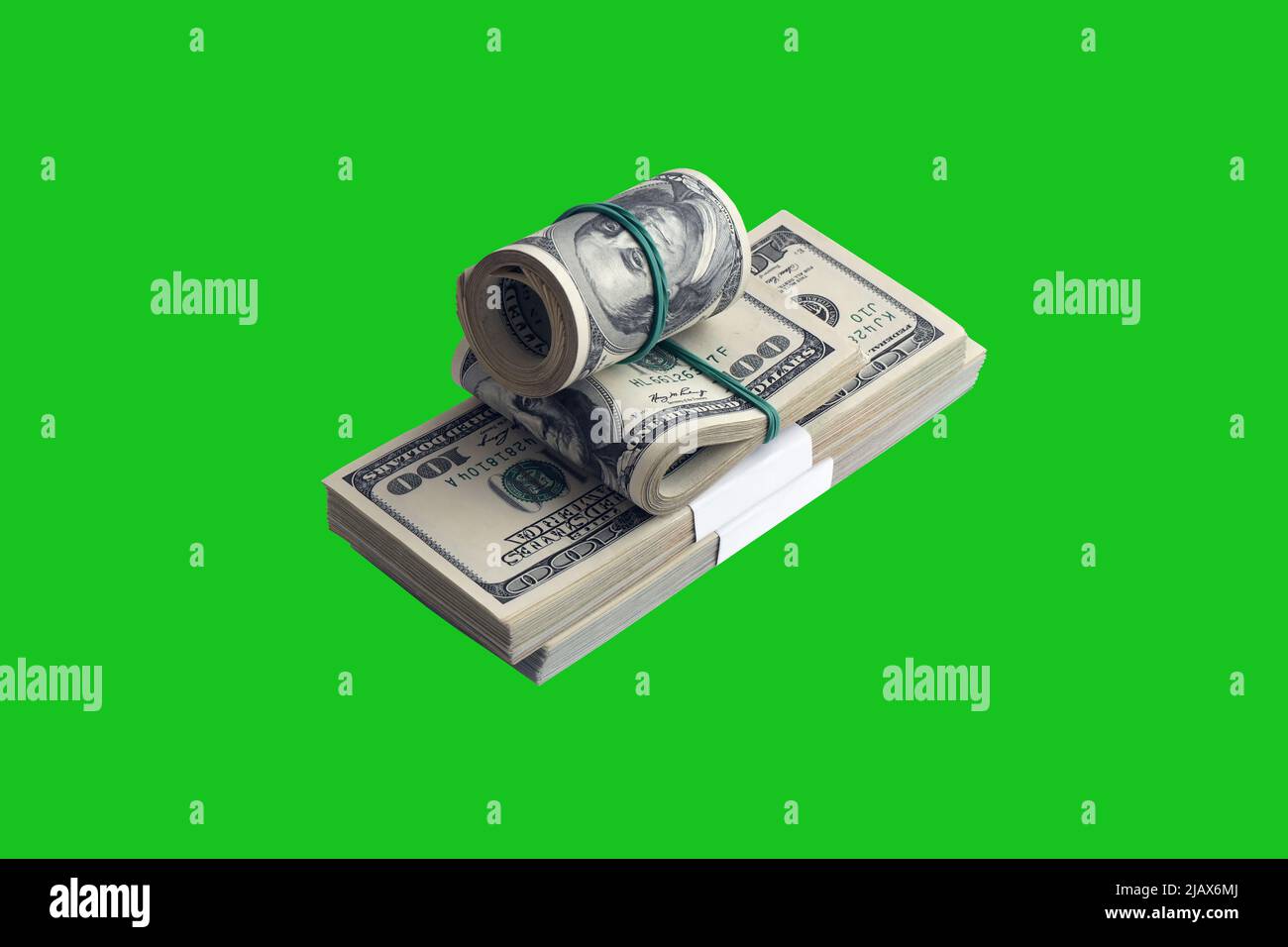 Bundle of US dollar bills isolated on chroma keyer green. Pack of american money with high ...