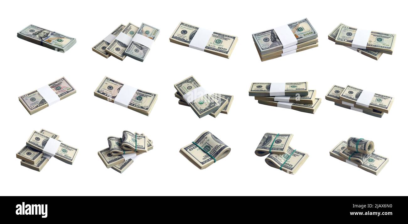 Big set of bundles of US dollar bills isolated on white. Collage with ...