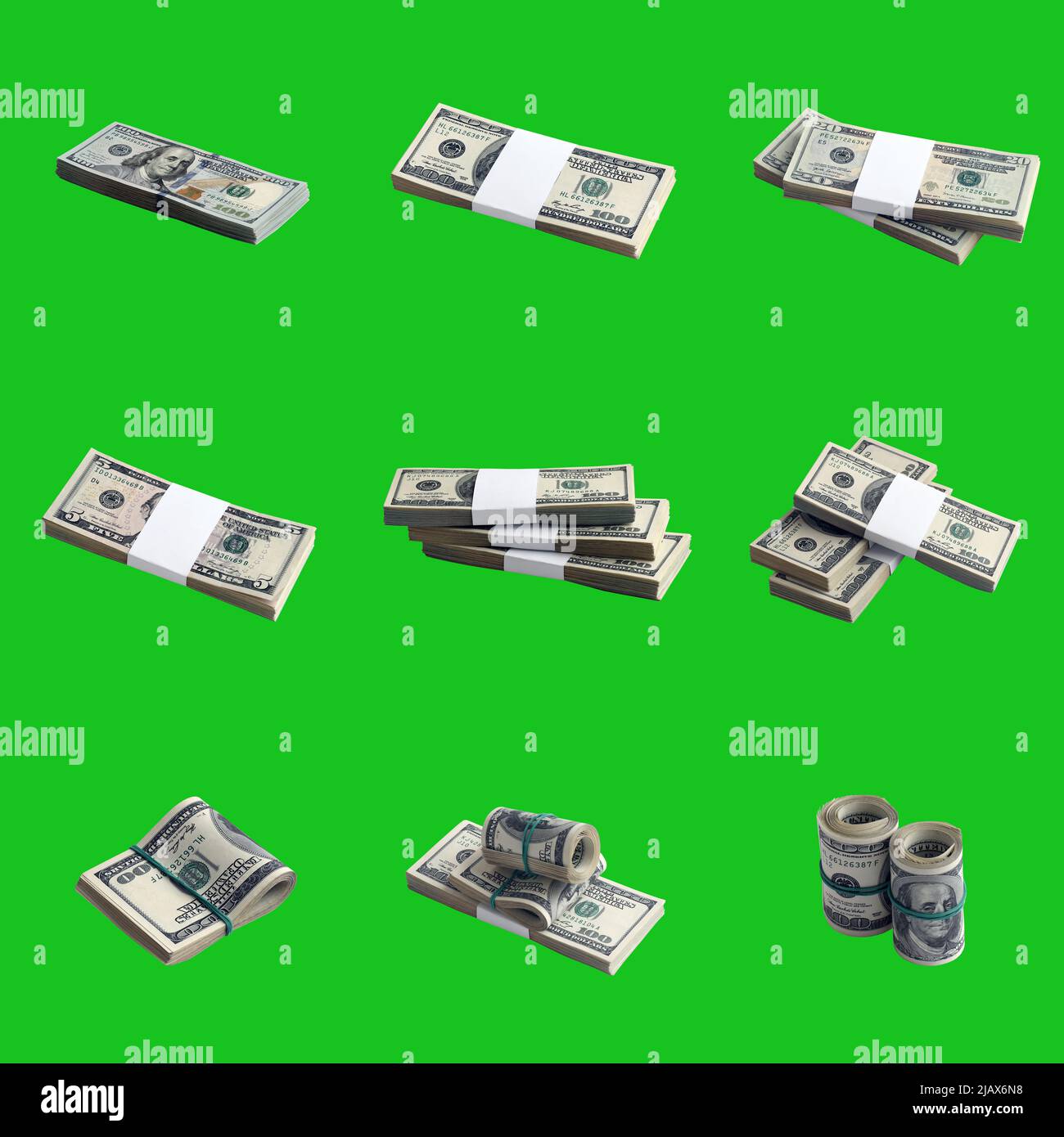 Big set of bundles of US dollar bills isolated on chroma key green ...