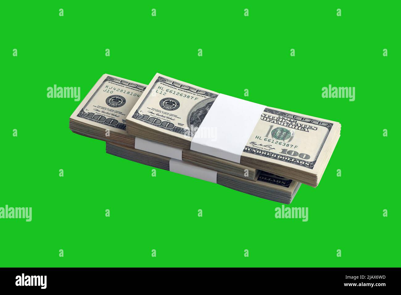 Bundle of US dollar bills isolated on chroma keyer green. Pack of american money with high ...