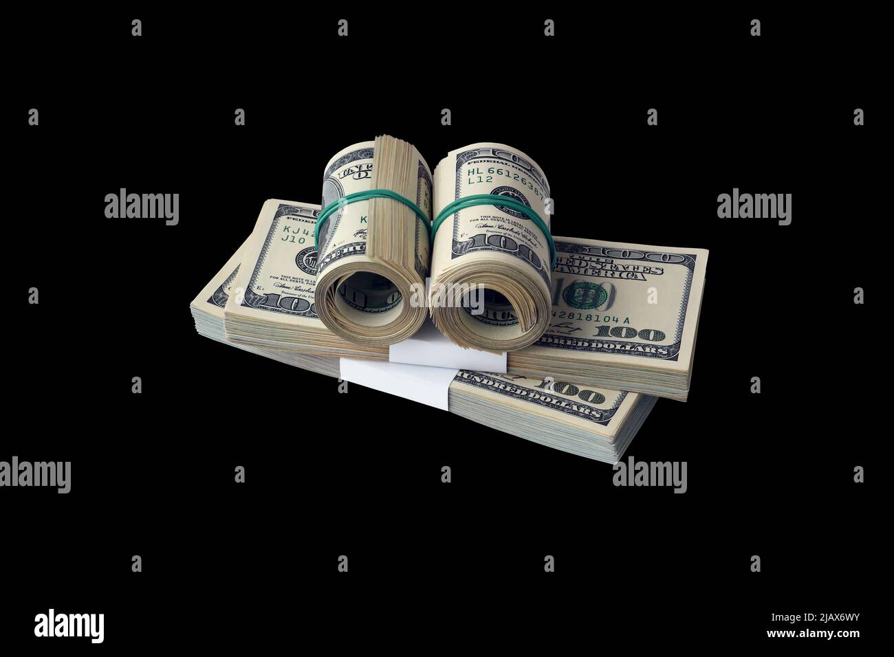 Bundle of US dollar bills isolated on black. Pack of american money ...