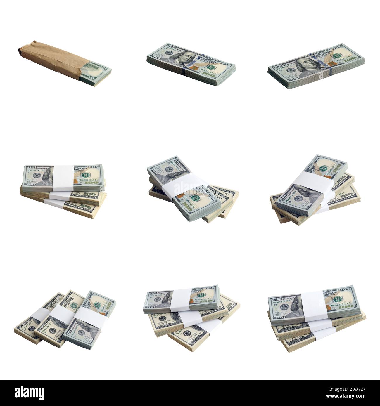 Big set of bundles of US dollar bills isolated on white. Collage with ...