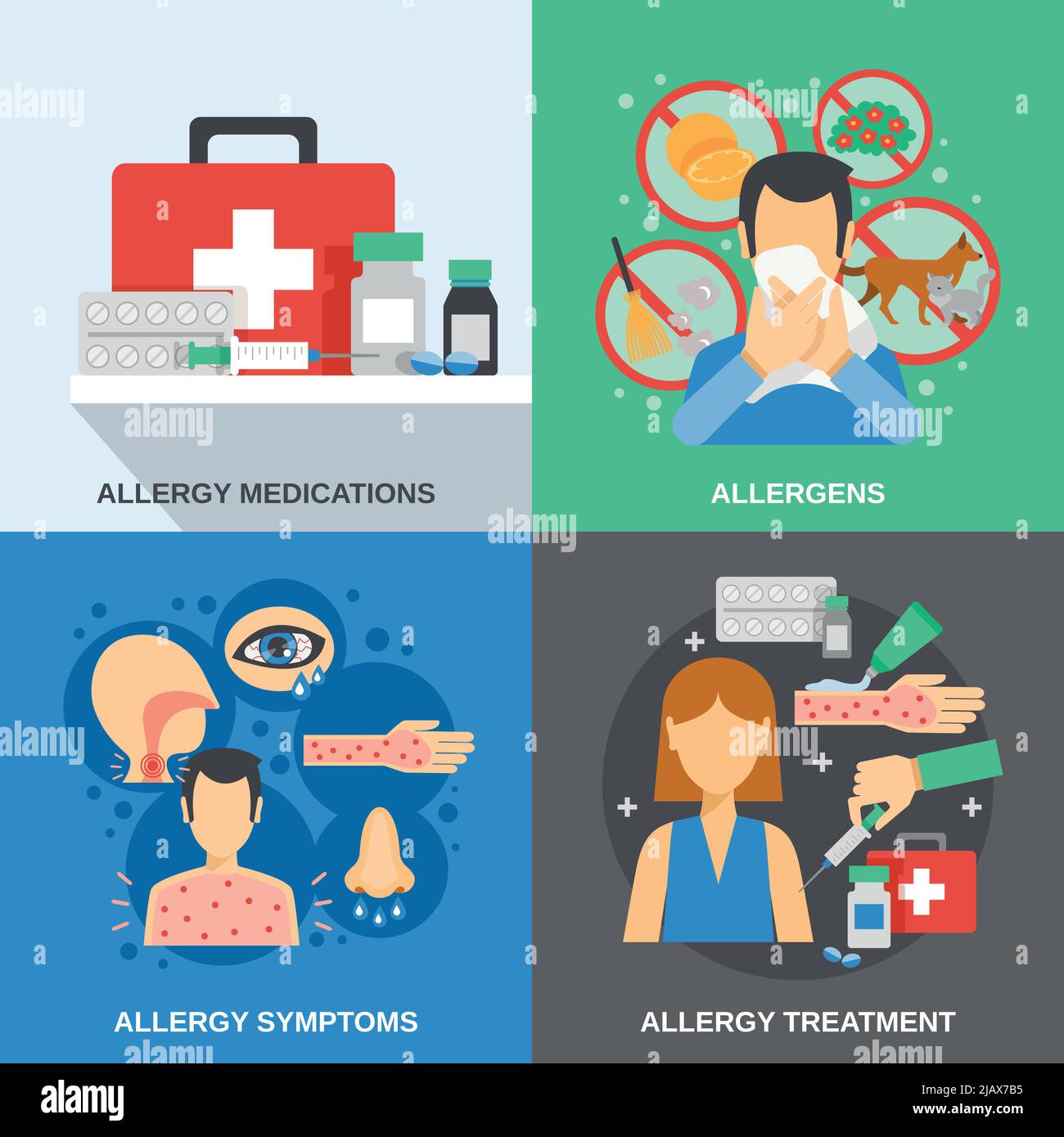 Allergy design concept set with medications and symptoms isolated ...