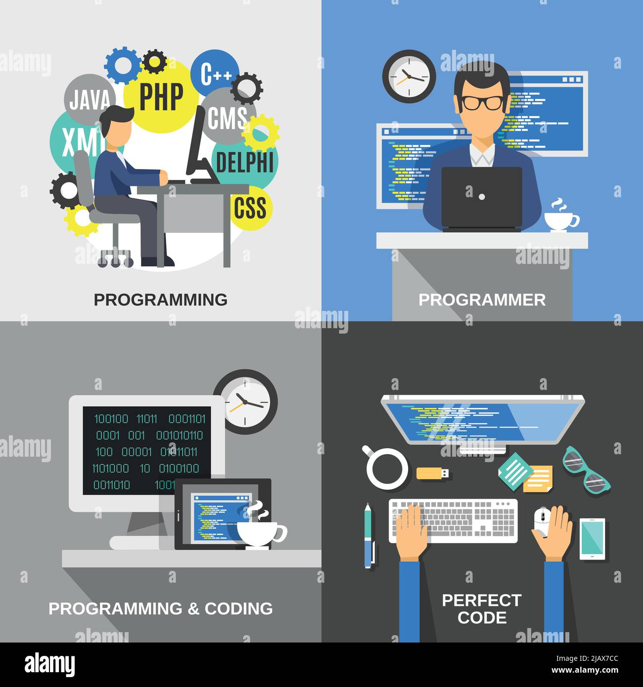 Programmer Design Concept Set With Coding Flat Icons Isolated Vector