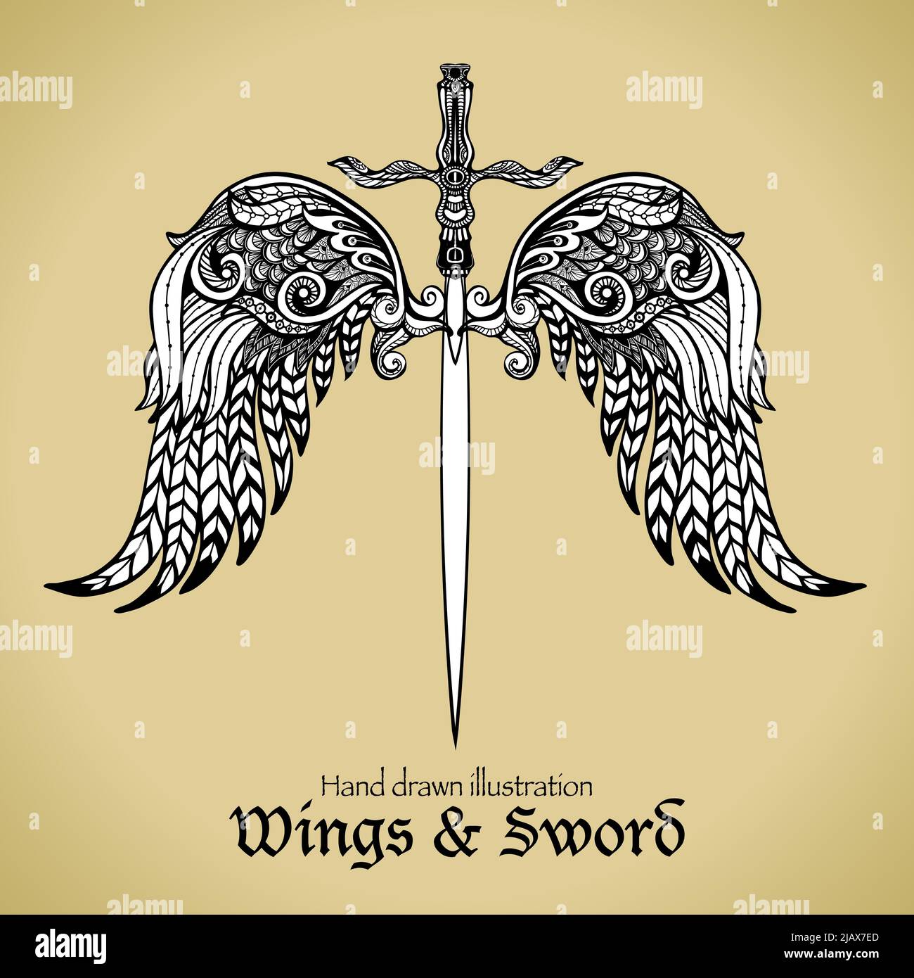 Retro sword with gothic ornamental wings royal emblem sketch vector ...