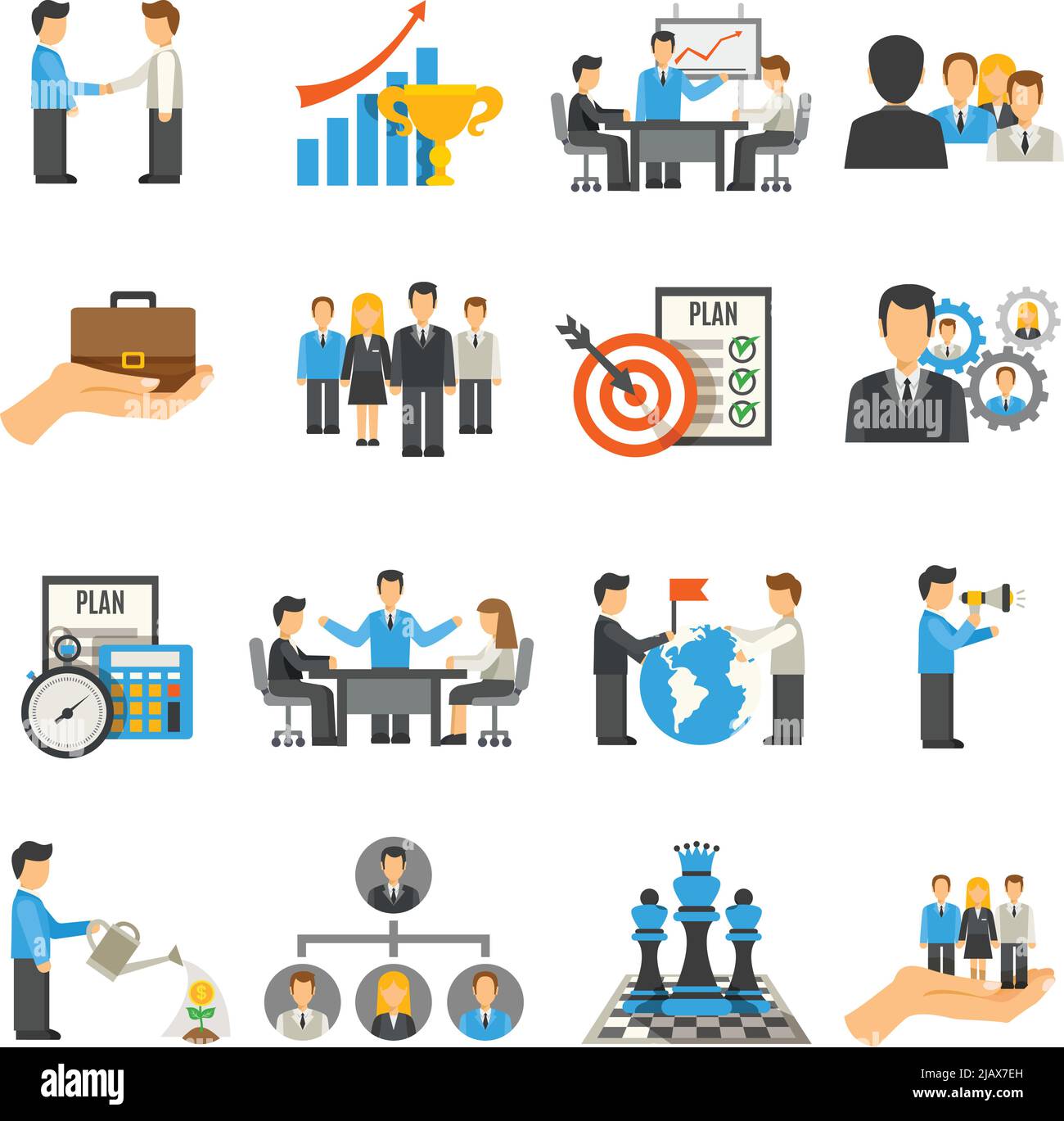 Management flat icons set with businessmen on work meeting and ...
