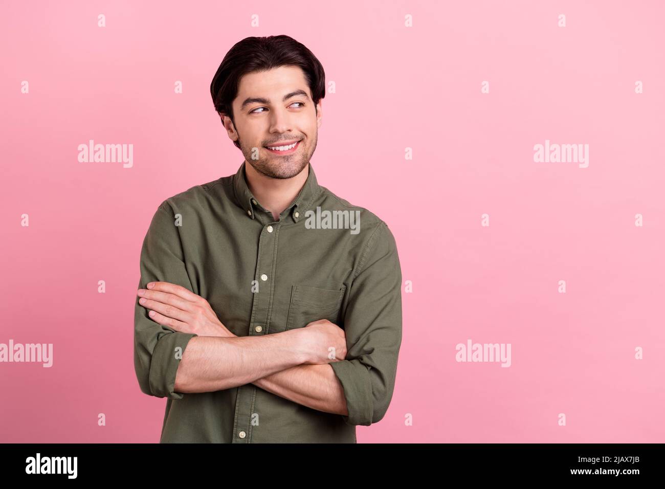 Photo of young dreamy happy man look empty space good mood confident ...