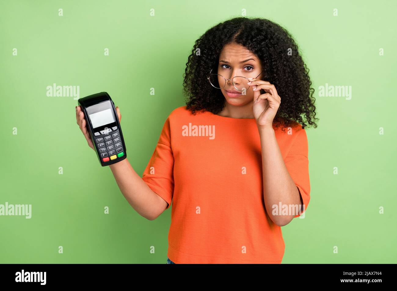 Photo of young african woman payment cashless paypass transaction ...
