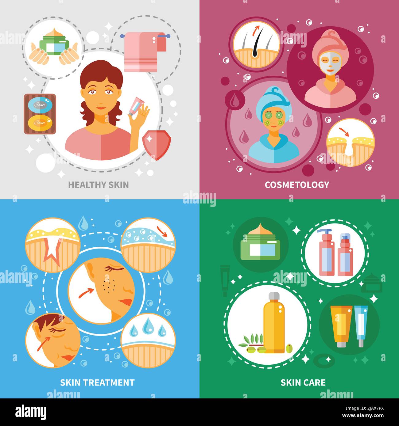 Skin treatment concept icons set with healthy skin and cosmetology ...