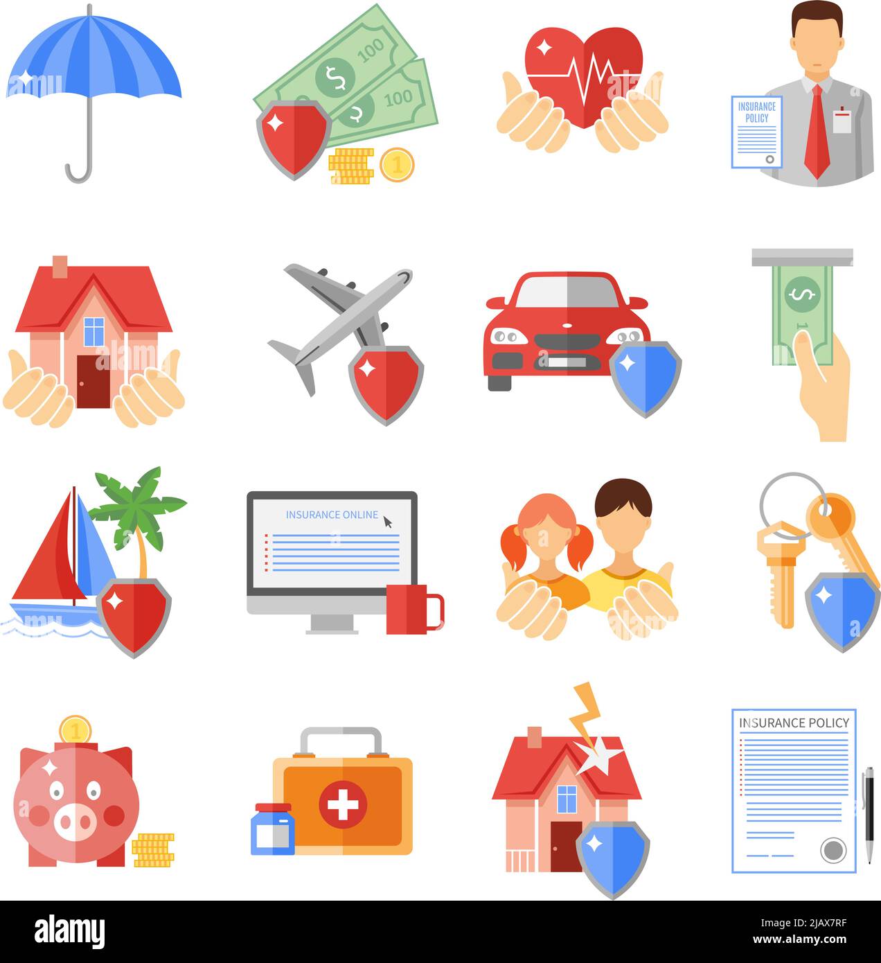 Insurance icons set with house transport and life safety symbols flat ...