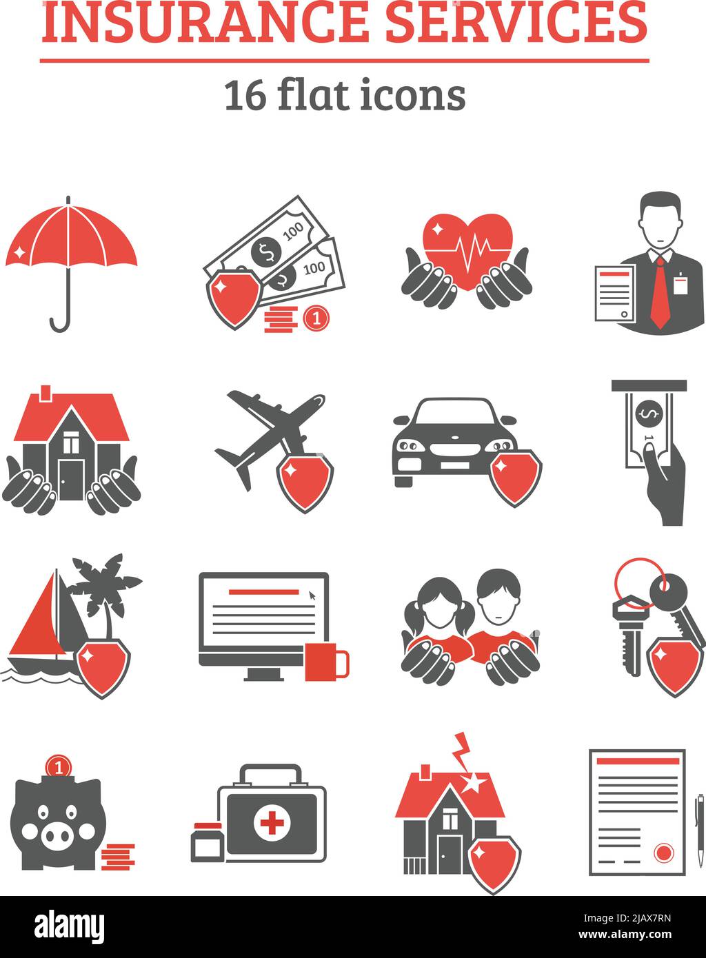 Insurance services red black icons set with health life and property ...