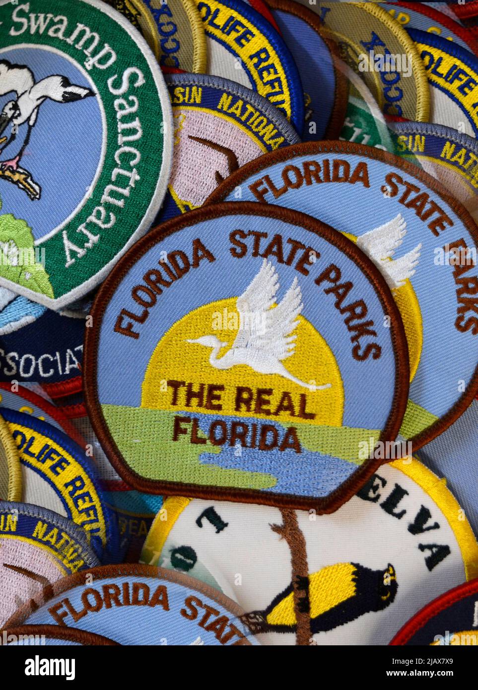 Patches for outdoors and nature enthusiasts for sale in an antique shop ...