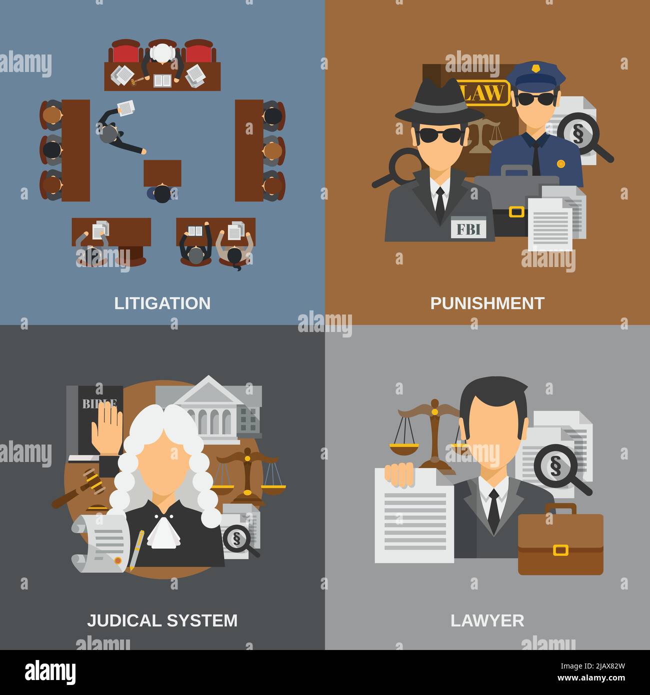 Law design concept set with punishment flat icons isolated vector ...