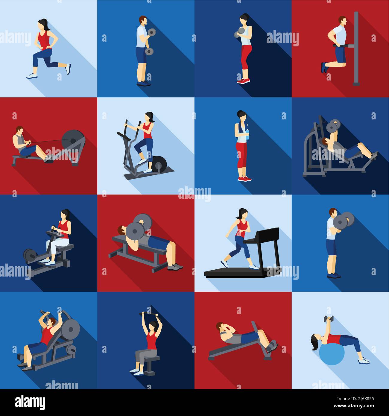 People fitness workout in gym flat long shadow icons set isolated ...