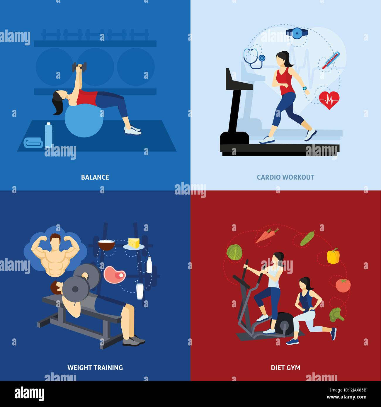 Gym workout design concept set with people doing sports flat icons ...