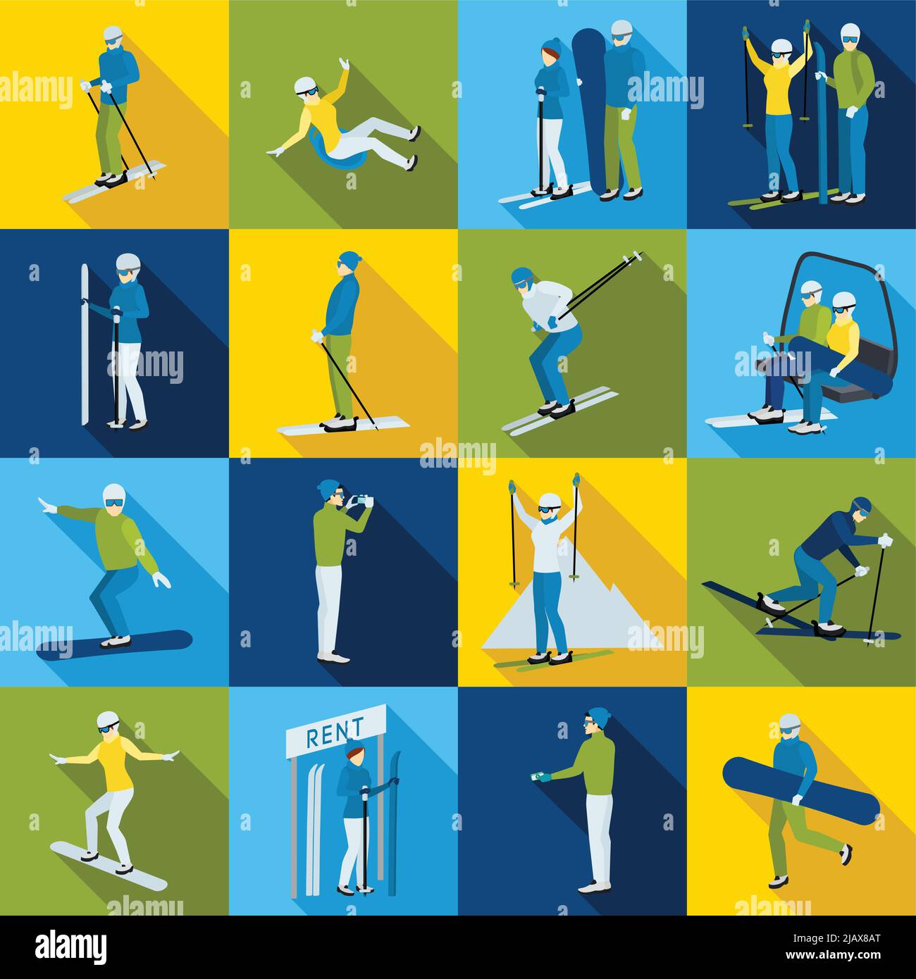 Color ski resort icons collection with people in sports clothes with ...