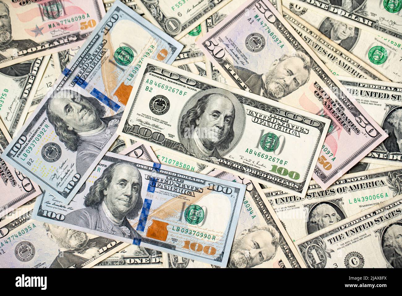 US dollar banknotes spread out. Pattern of dollar cash and bills. Paper ...