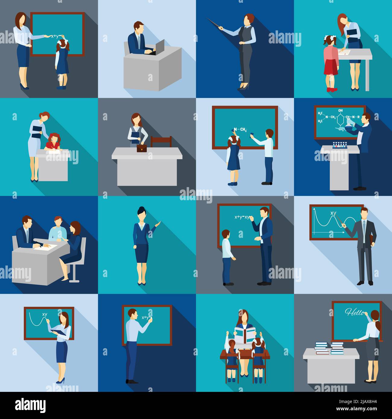 Color shadows icons set with teacher and children on lesson in class ...