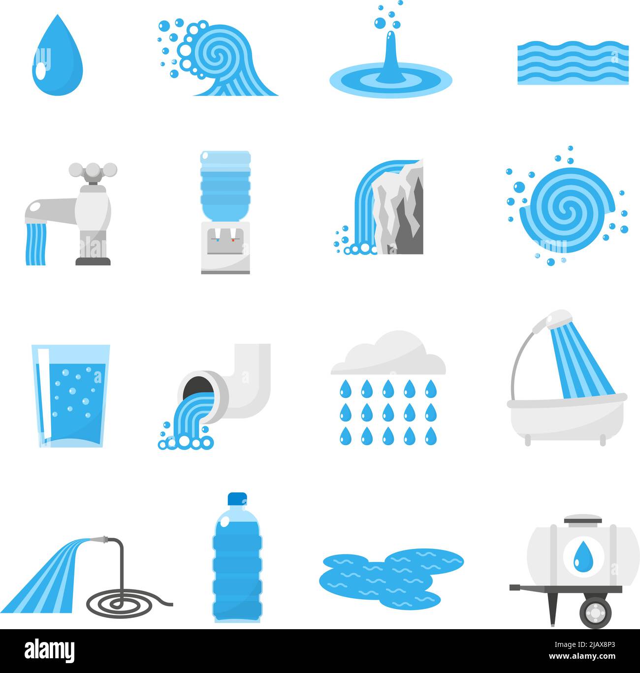 Water forms flat icons set with drop ocean wave rain and waterfall ...
