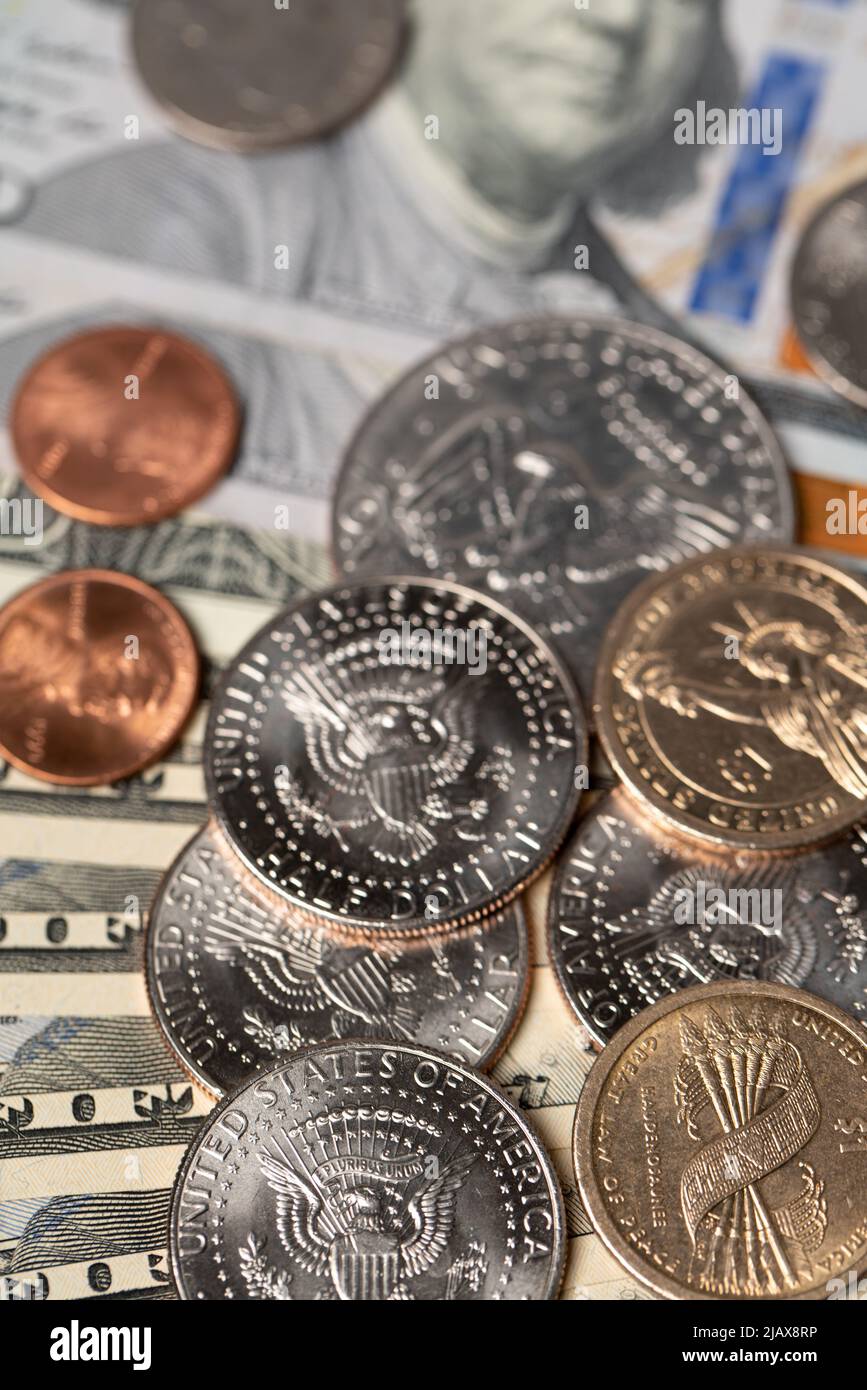Half dollar bills on fifty and one hundred dollar banknotes. USA ...