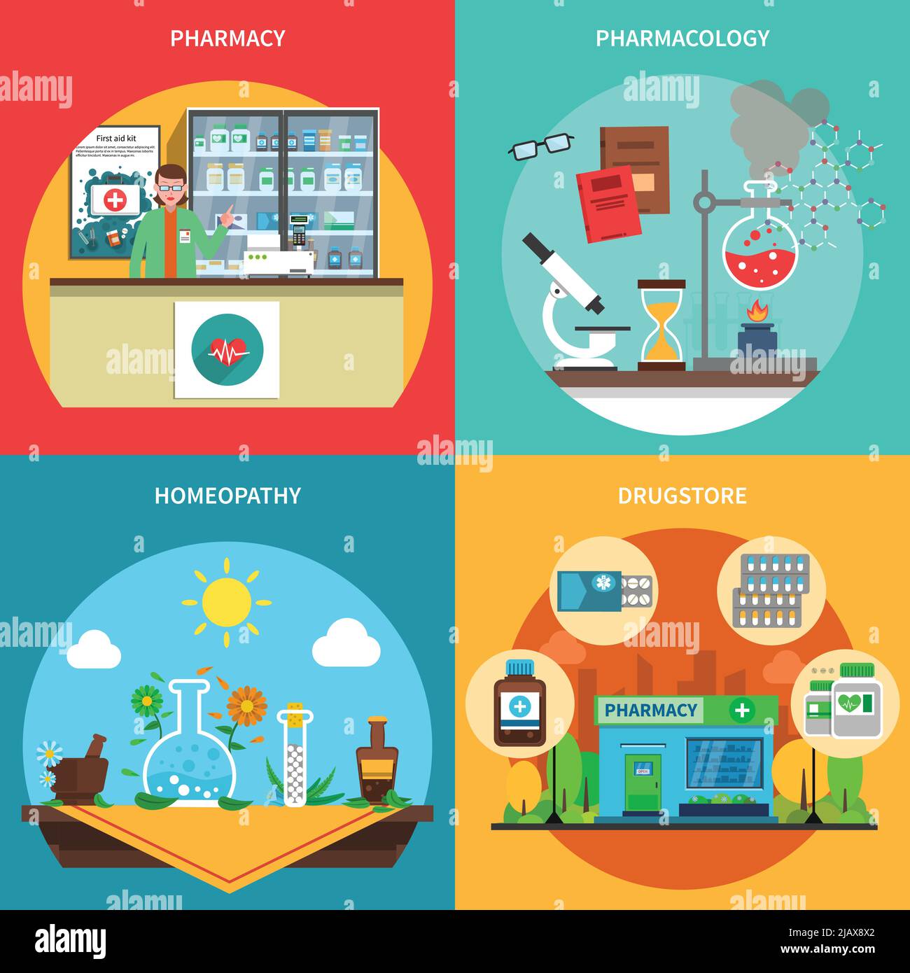 Pharmacy design concept set with pharmacology and drugstore flat icons ...