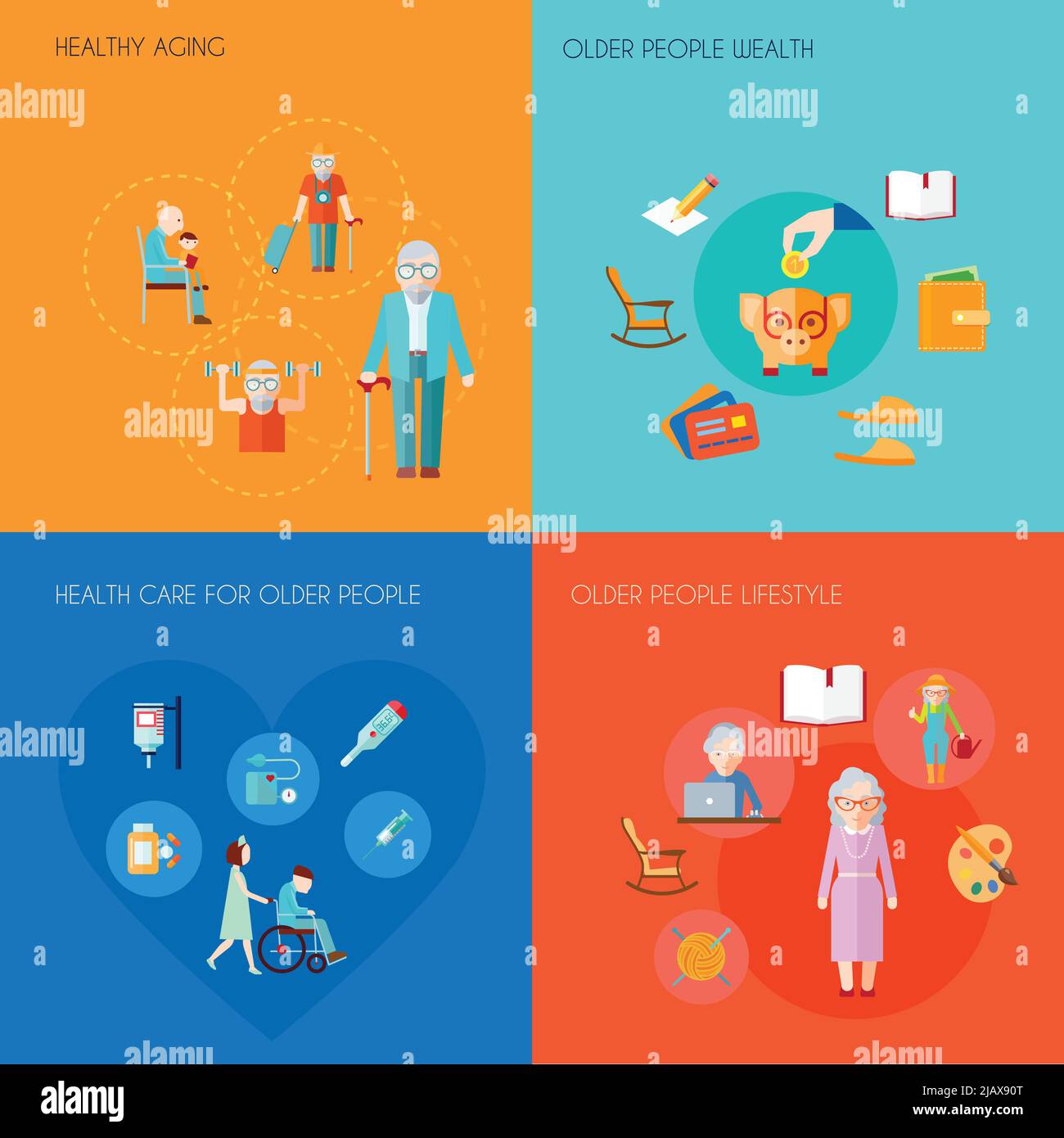 Senior lifestyle design concept set with healthy aging older people ...