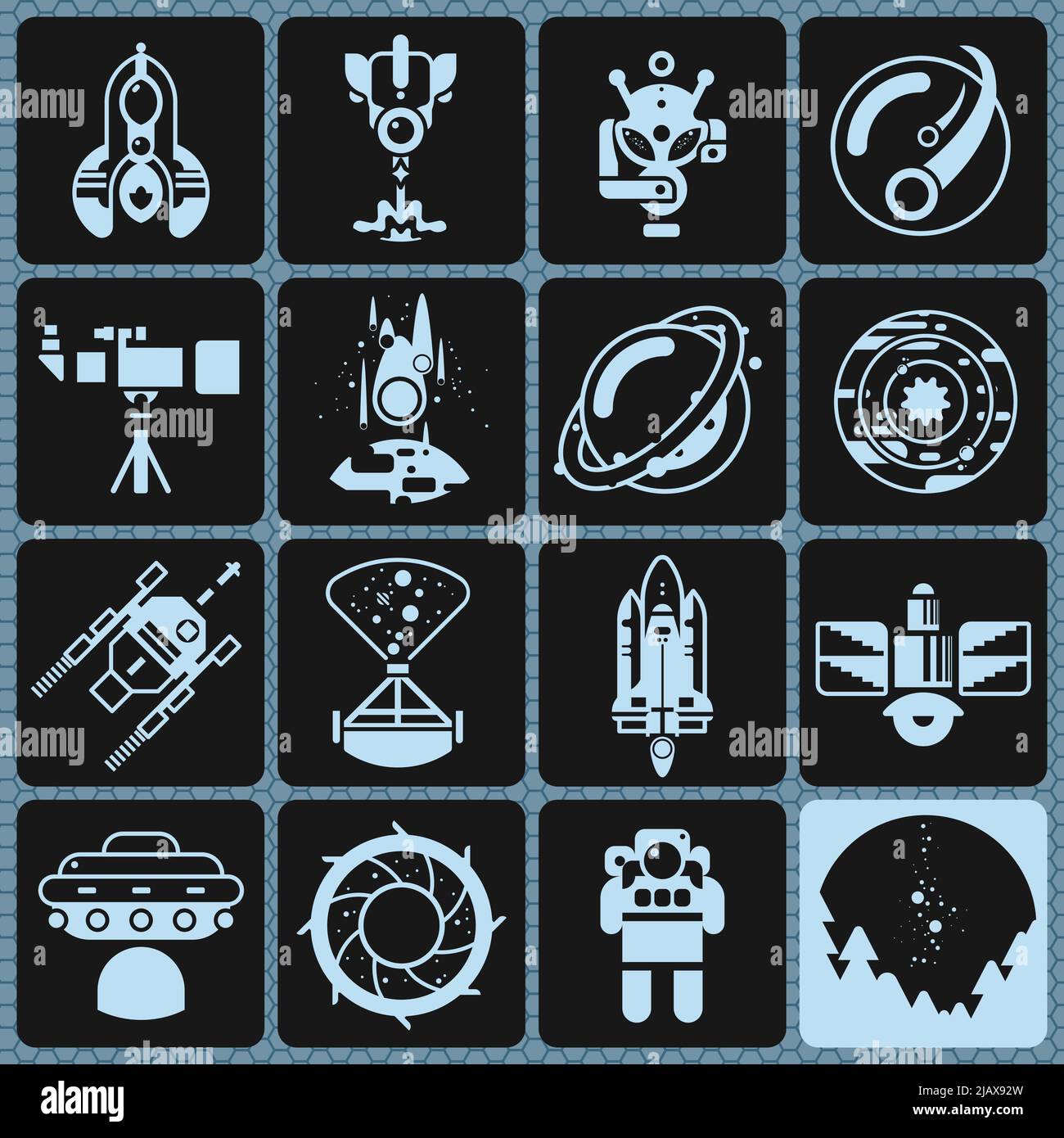 Space icons monochrome set with rocket alien comet telescope isolated ...