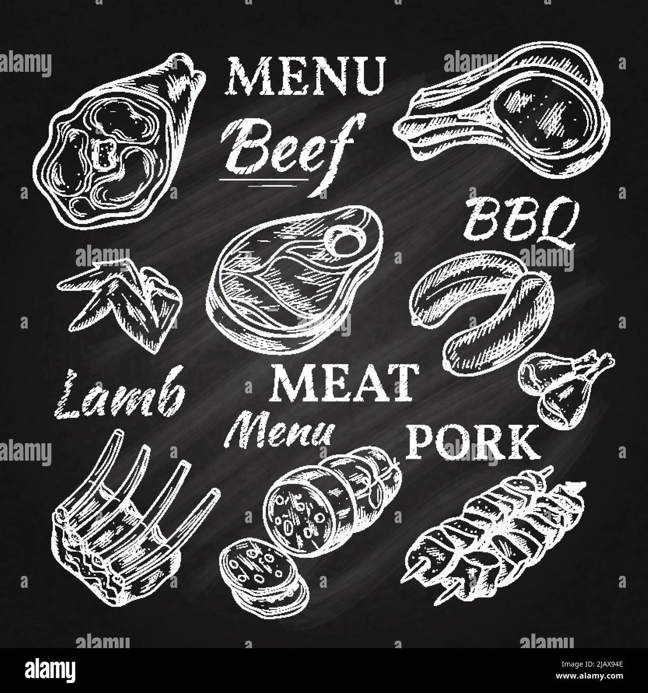 Retro meat menu icons on chalkboard with lamb chops sausage wieners ...