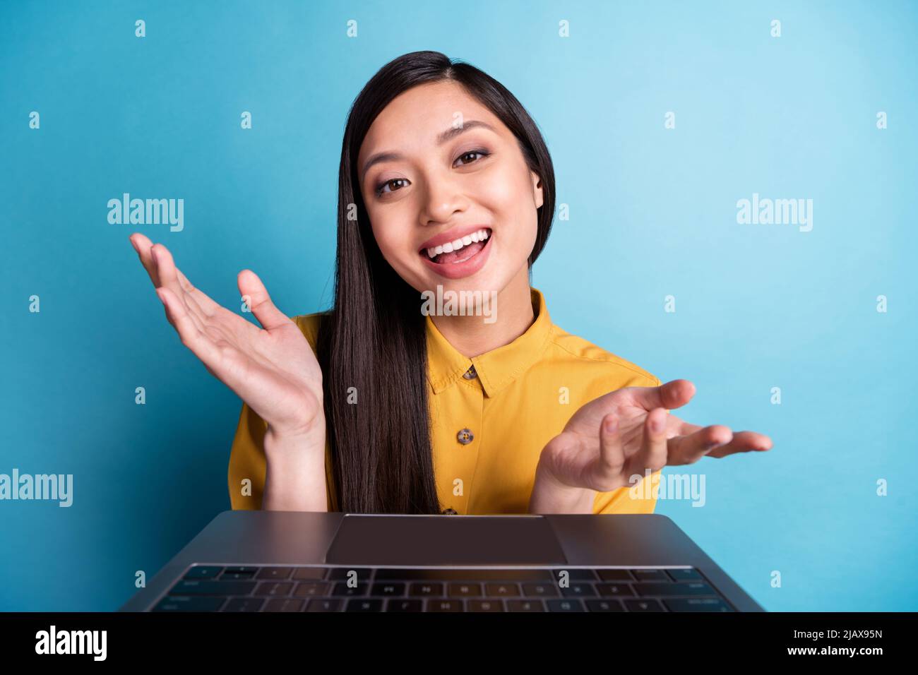 Photo of young asian girl happy positive smile speak talk conference ...