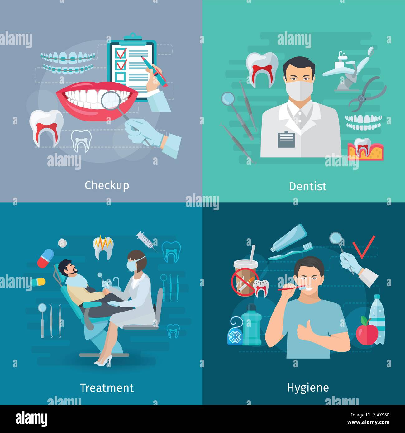 Flat color teeth care concept square composition of medical checkup ...