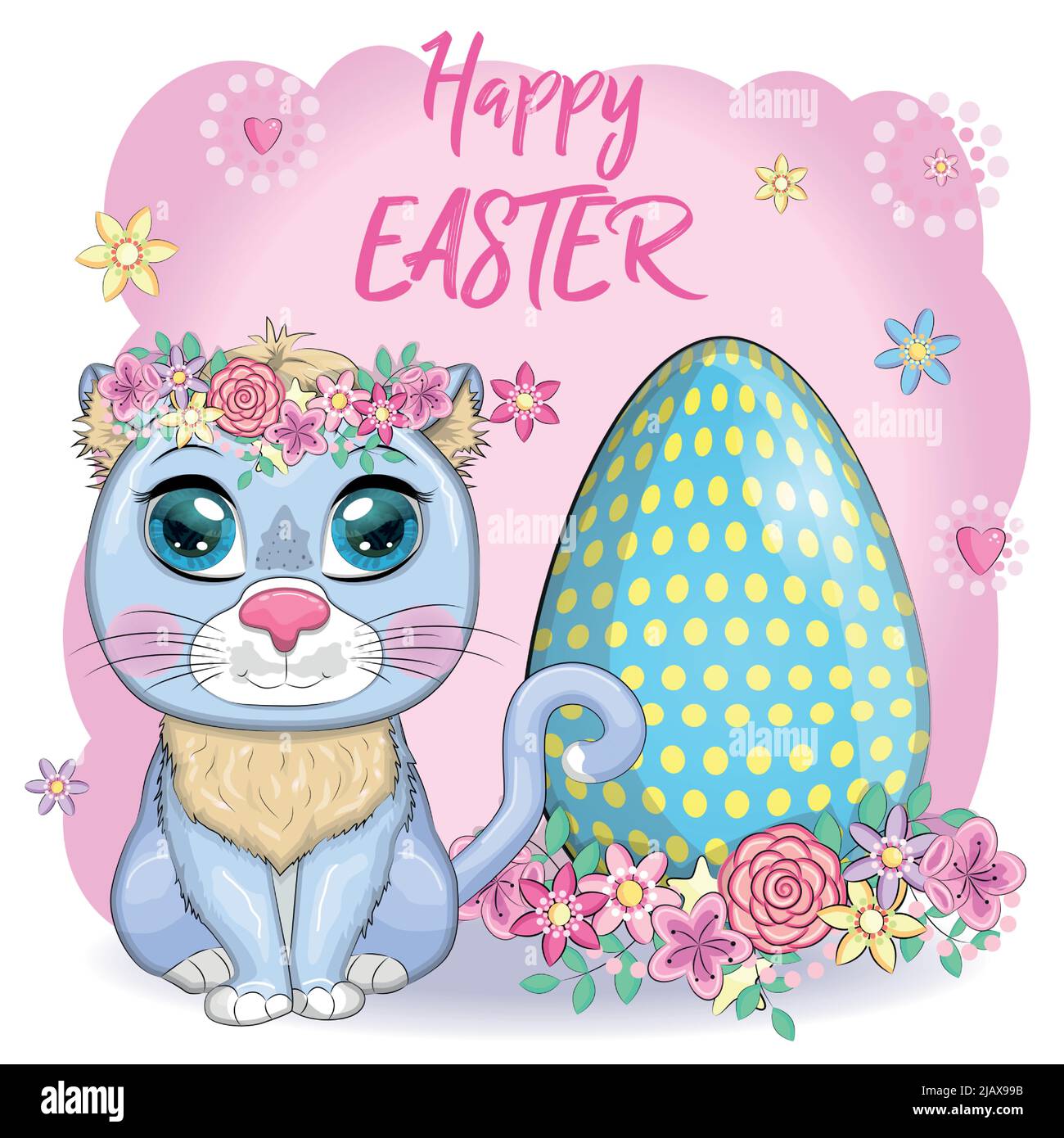 Cute cartoon cat near a beautiful easter egg. Happy Easter card Stock ...
