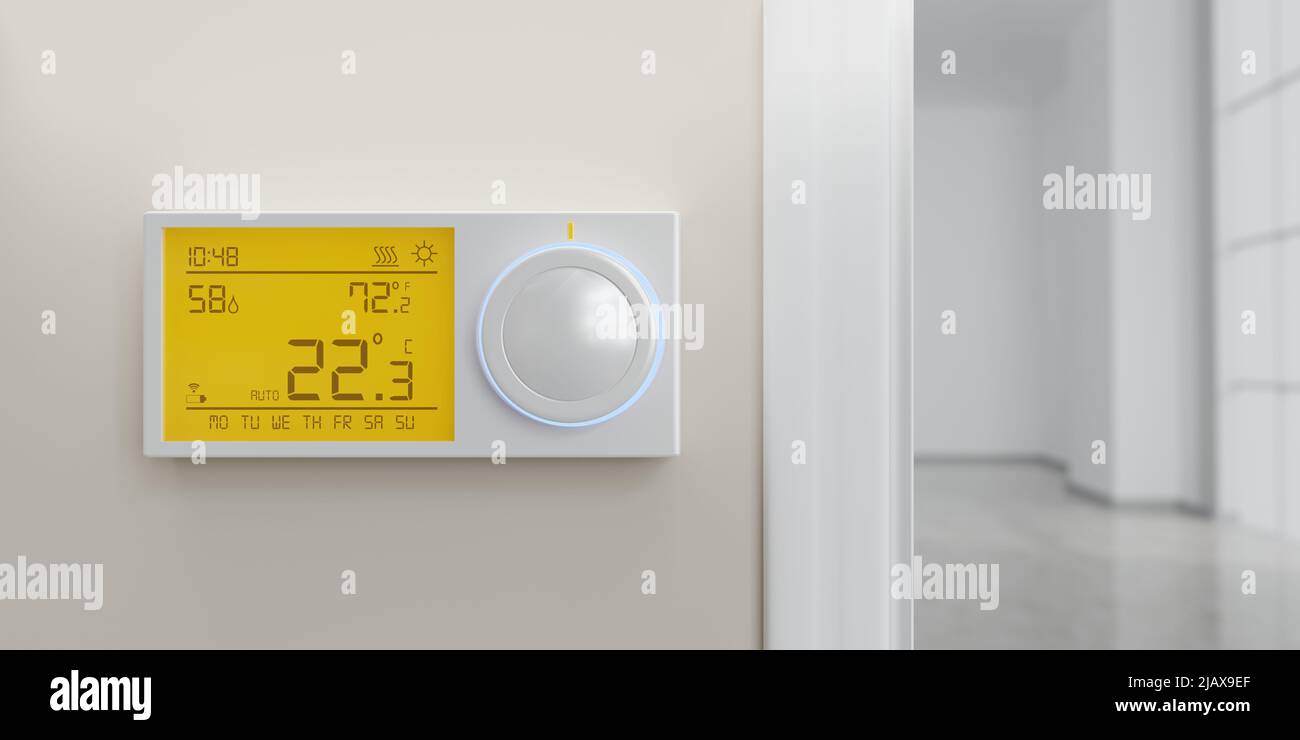 Home heating temperature control device Digital thermostat on white ...