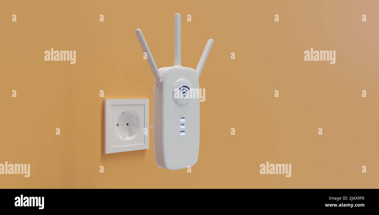 Wireless repeater WiFi extender to a electric socket on yellow wall ...
