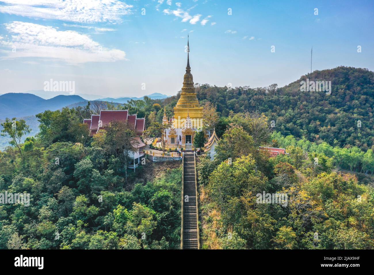 Aerial view of Wat Phra Phutthabat Tak Pha temple on top of the ...