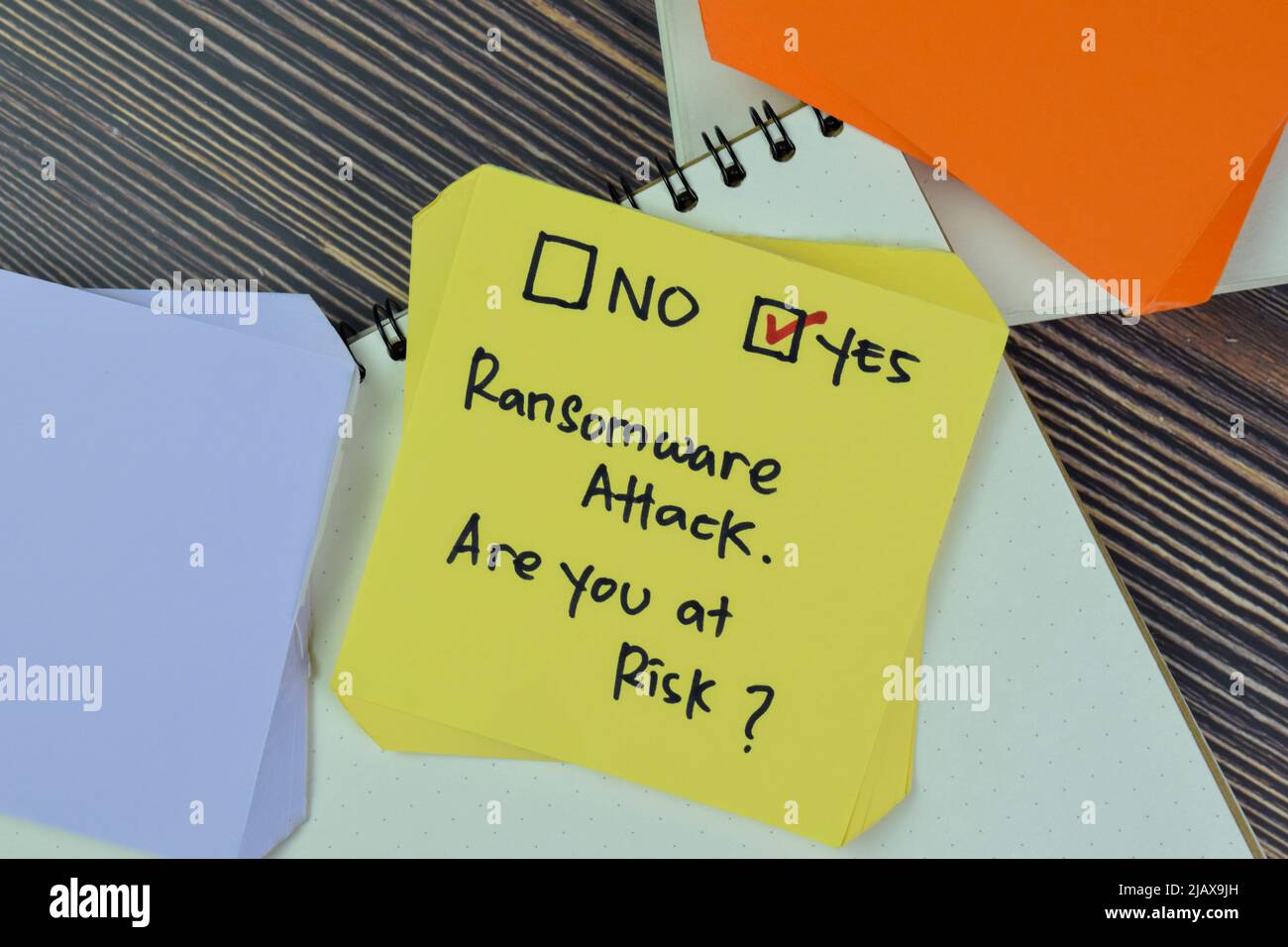 Concept of Ransomware Attack. Are you at risk? Yes write on sticky ...