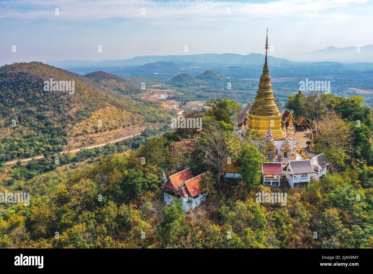 Aerial view of Wat Phra Phutthabat Tak Pha temple on top of the ...