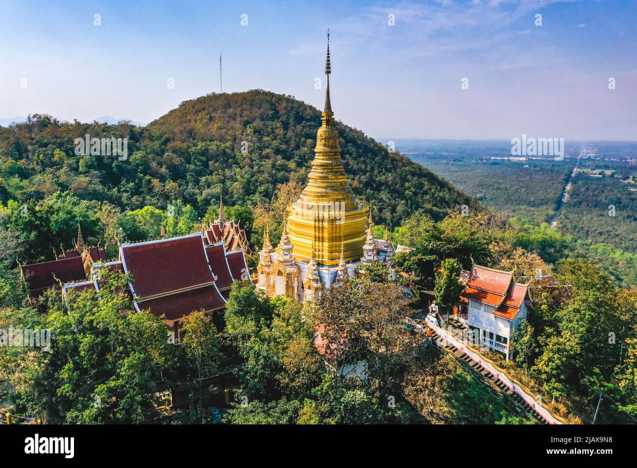 Aerial view of Wat Phra Phutthabat Tak Pha temple on top of the ...
