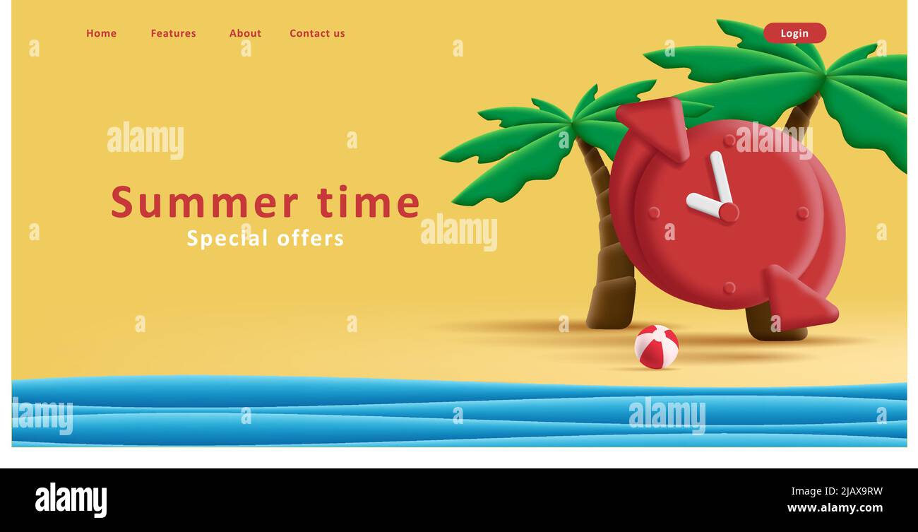 Summer time web banner with palms and clock watch. Vector illustration ...