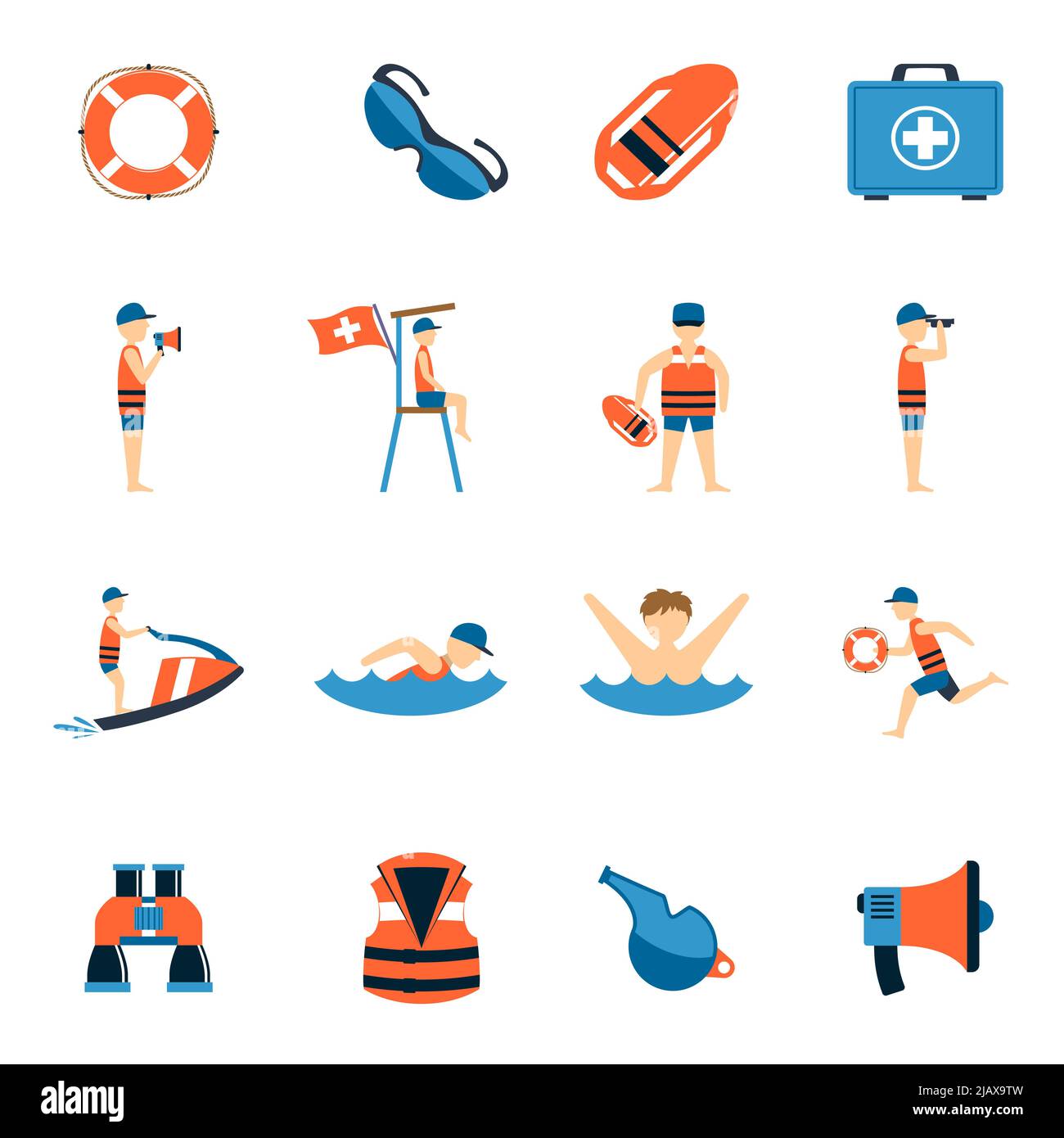 Lifeguard icons set with water safety equipment symbols flat isolated ...