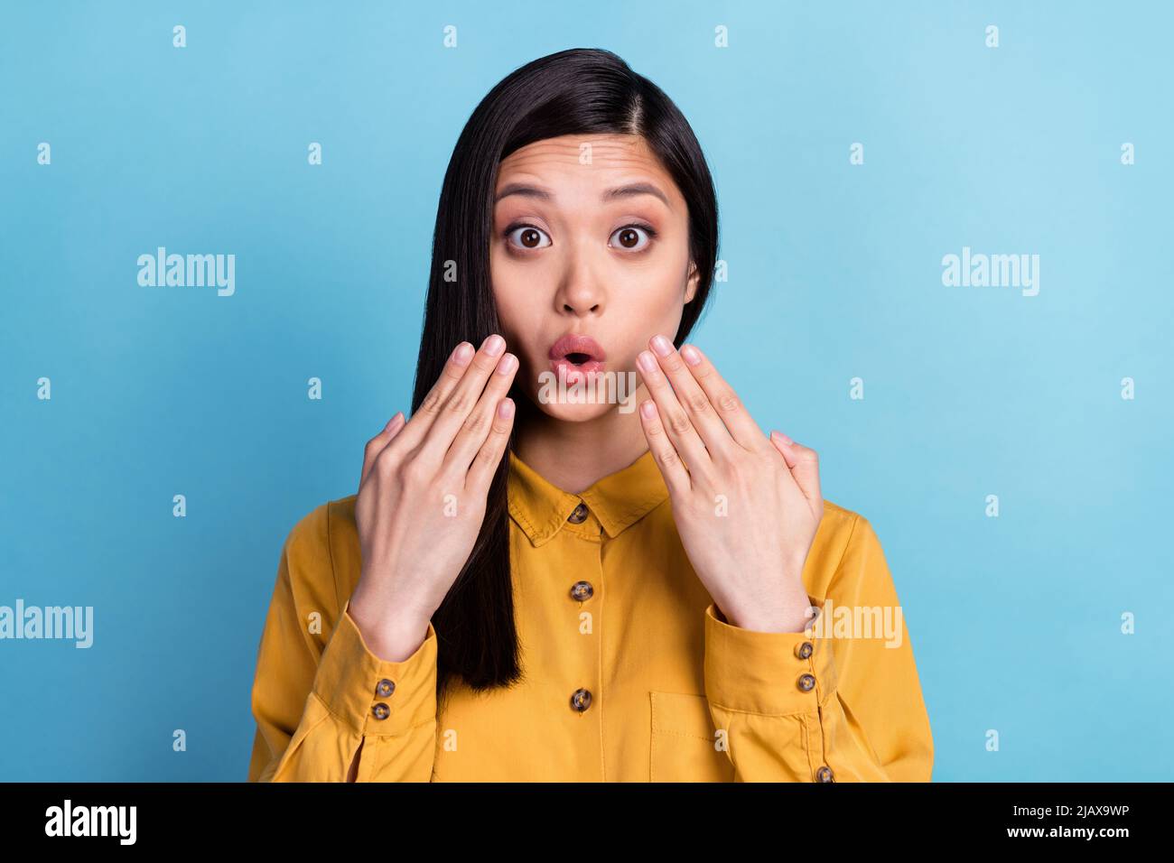 Photo of young asian girl amazed shocked surprised fake novelty news ...