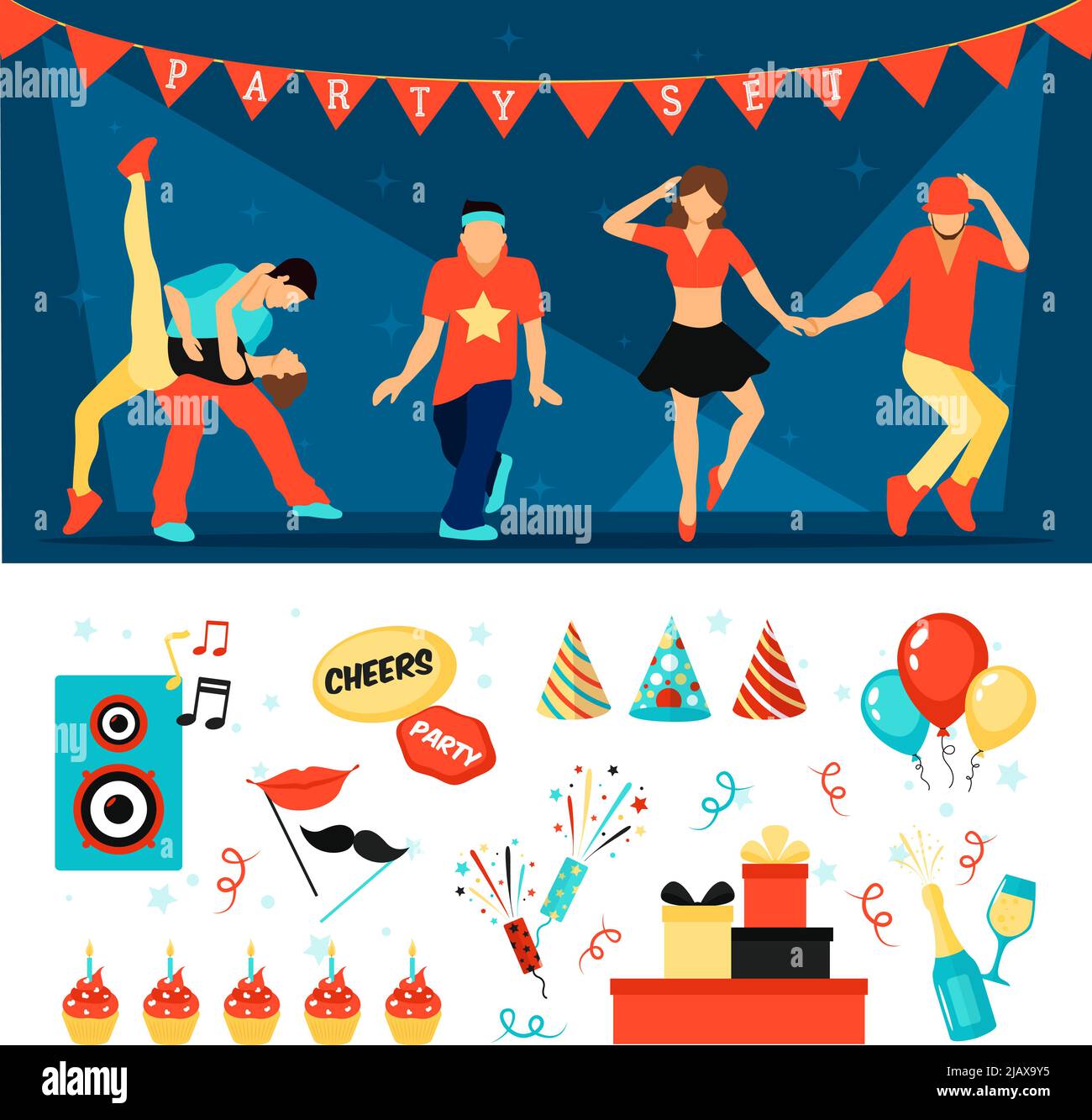 Party horizontal banner set with dancing people flat isolated vector ...