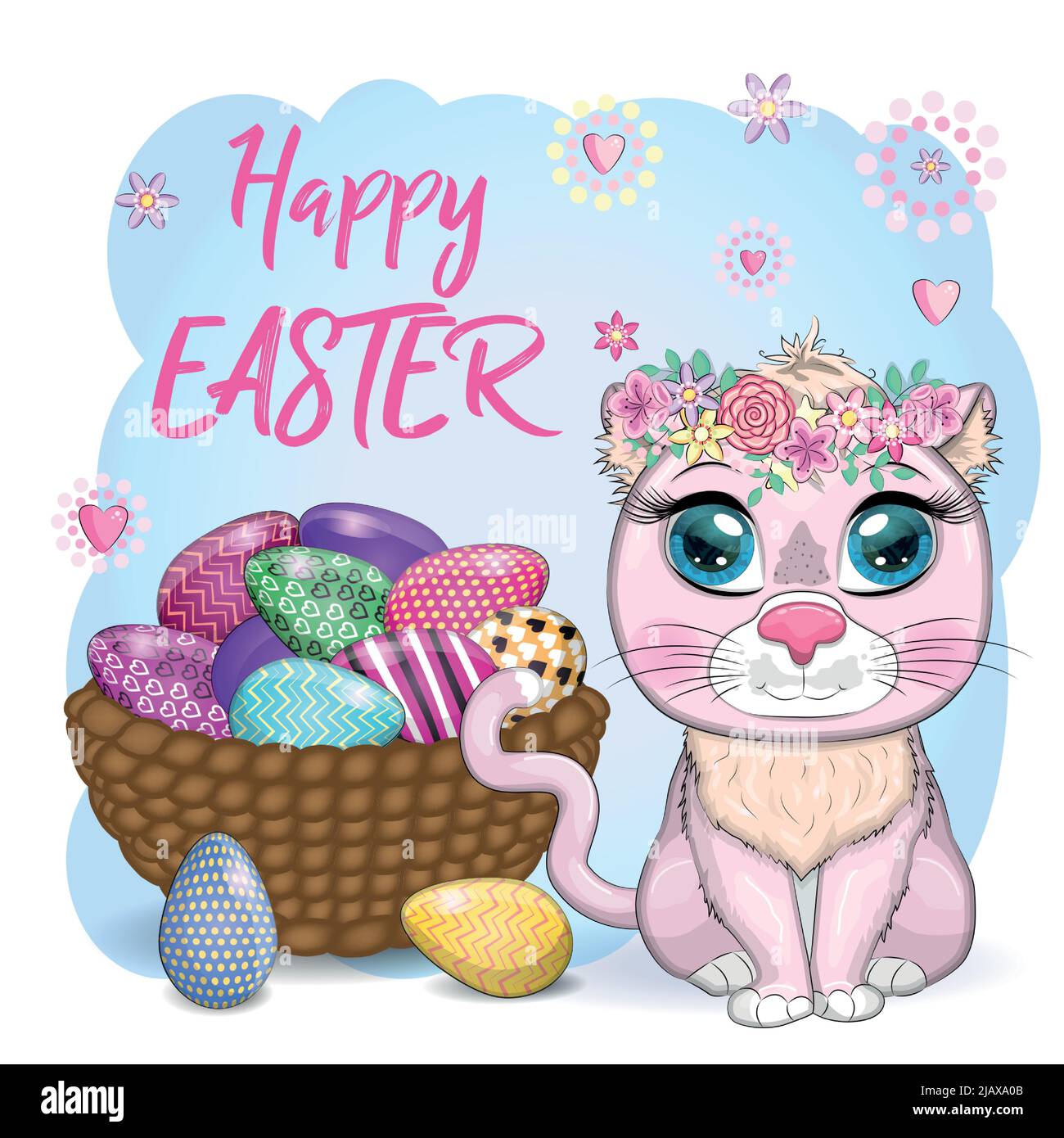 Cute cartoon Cat near a beautiful Easter basket full of eggs. Happy ...