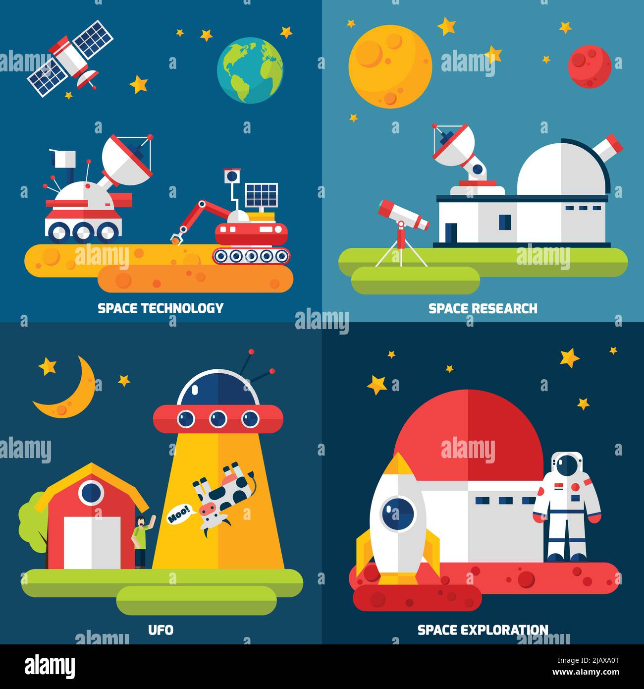 Space exploration 4 flat icons composition with observatory telescope ...