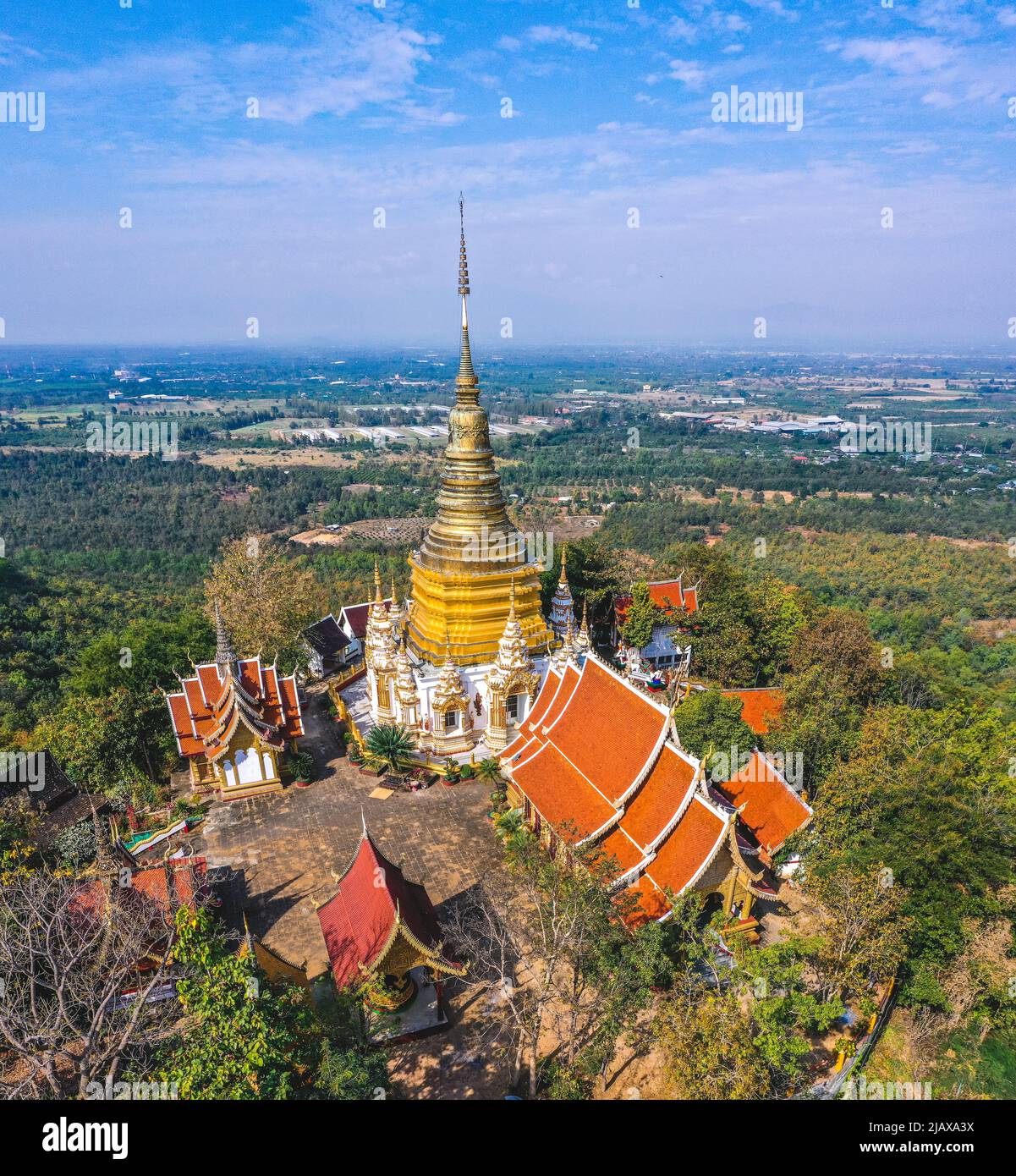 Aerial view of Wat Phra Phutthabat Tak Pha temple on top of the ...