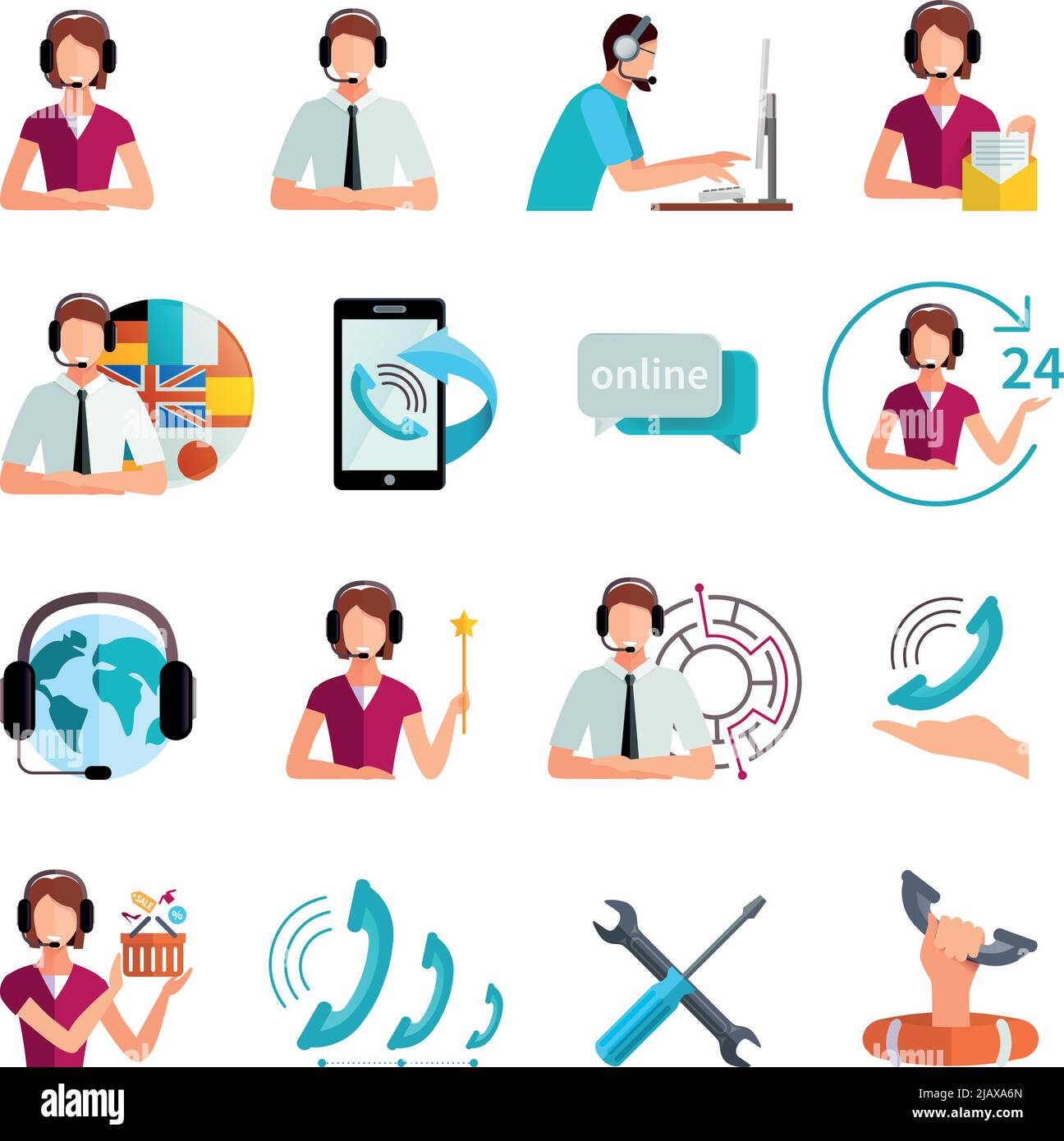 Customer support worldwide service flat icons set with helpdesk ...
