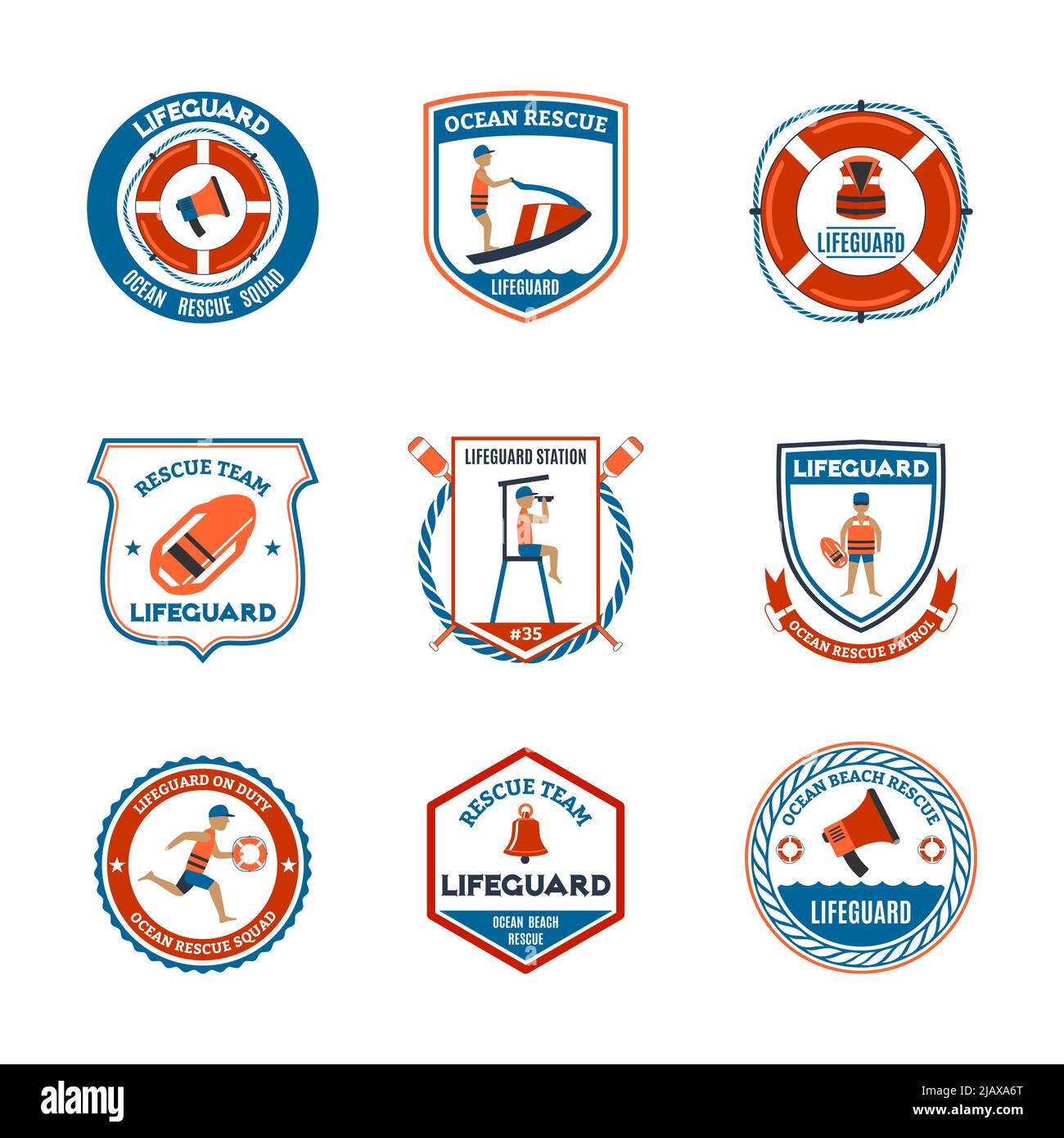 Beach lifeguard patrol emblems set with ocean rescue symbols flat ...