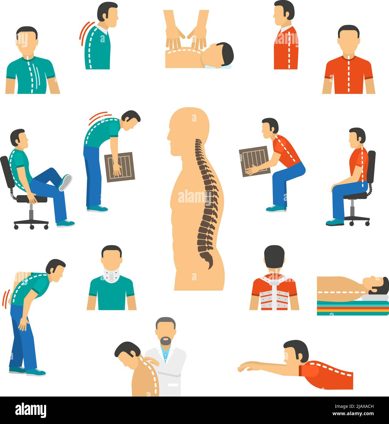 Flat color isolated icons for diagnosis spine diseases and treatment ...