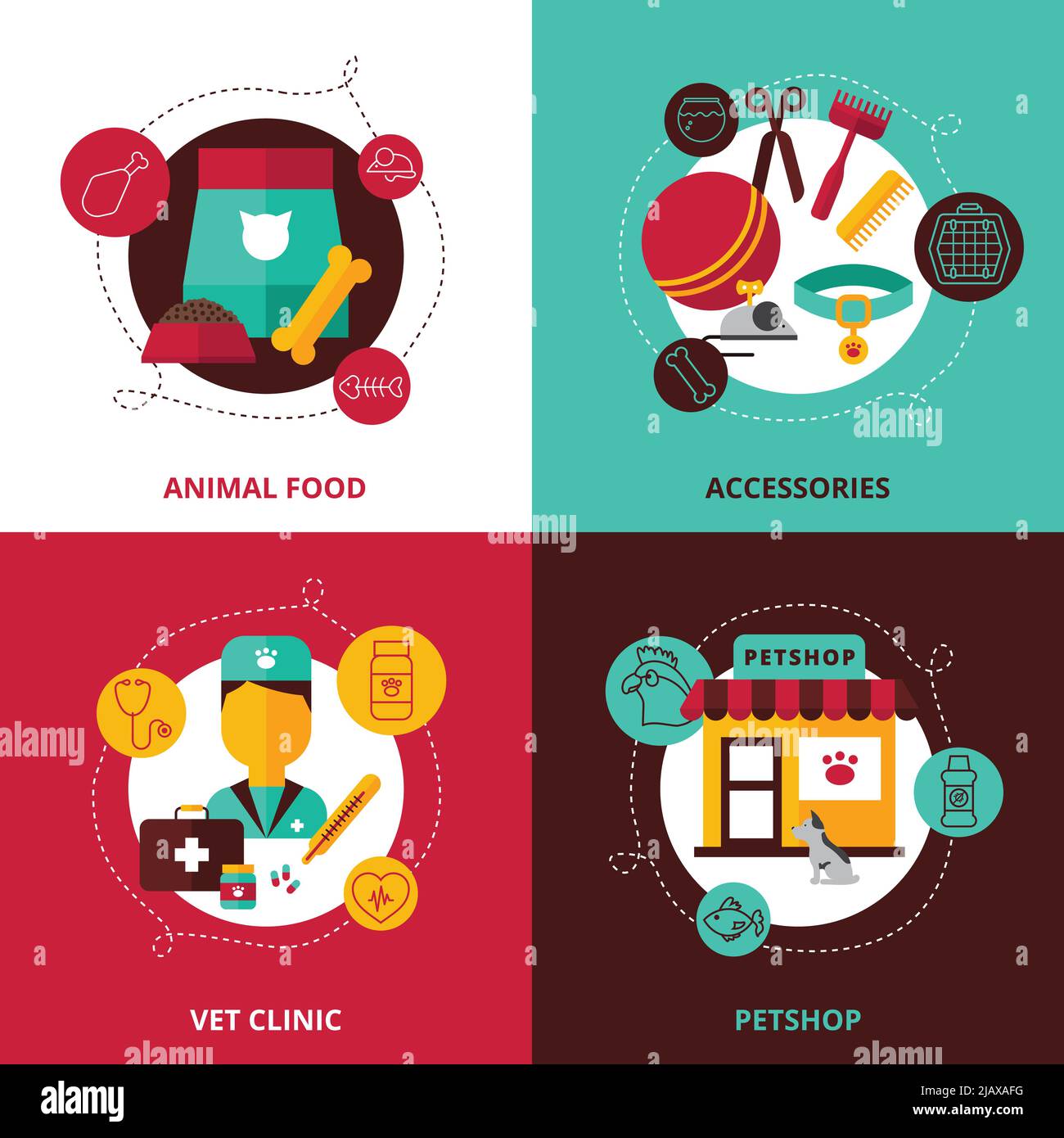 Veterinary 2x2 design concept set of feed and accessories for animals ...