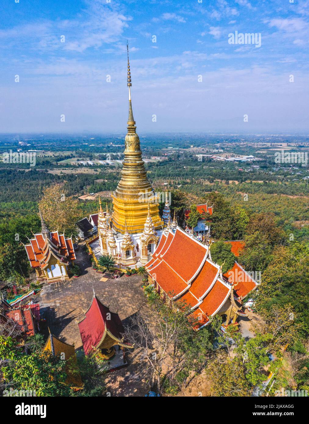 Aerial view of Wat Phra Phutthabat Tak Pha temple on top of the ...