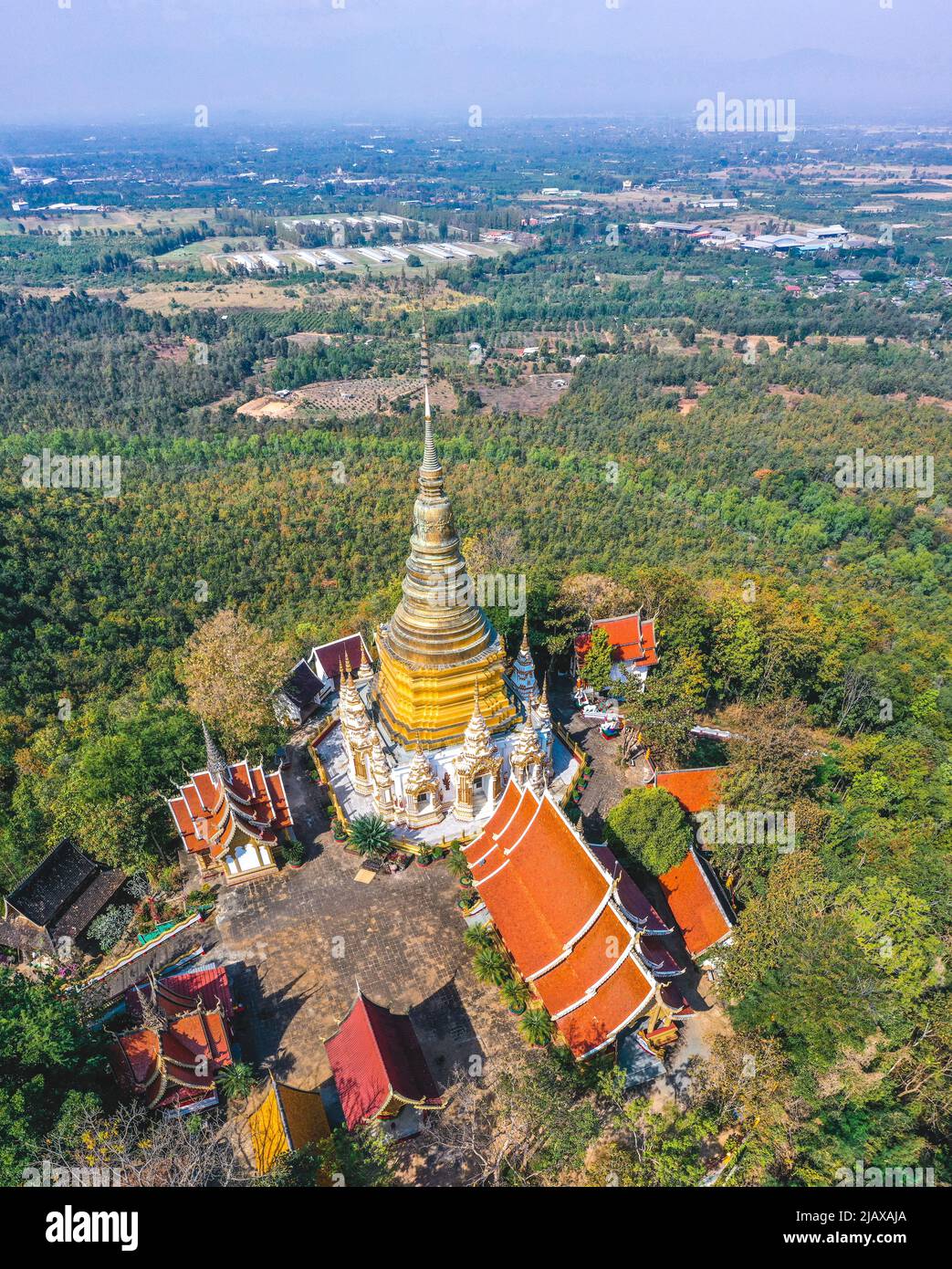 Aerial view of Wat Phra Phutthabat Tak Pha temple on top of the ...